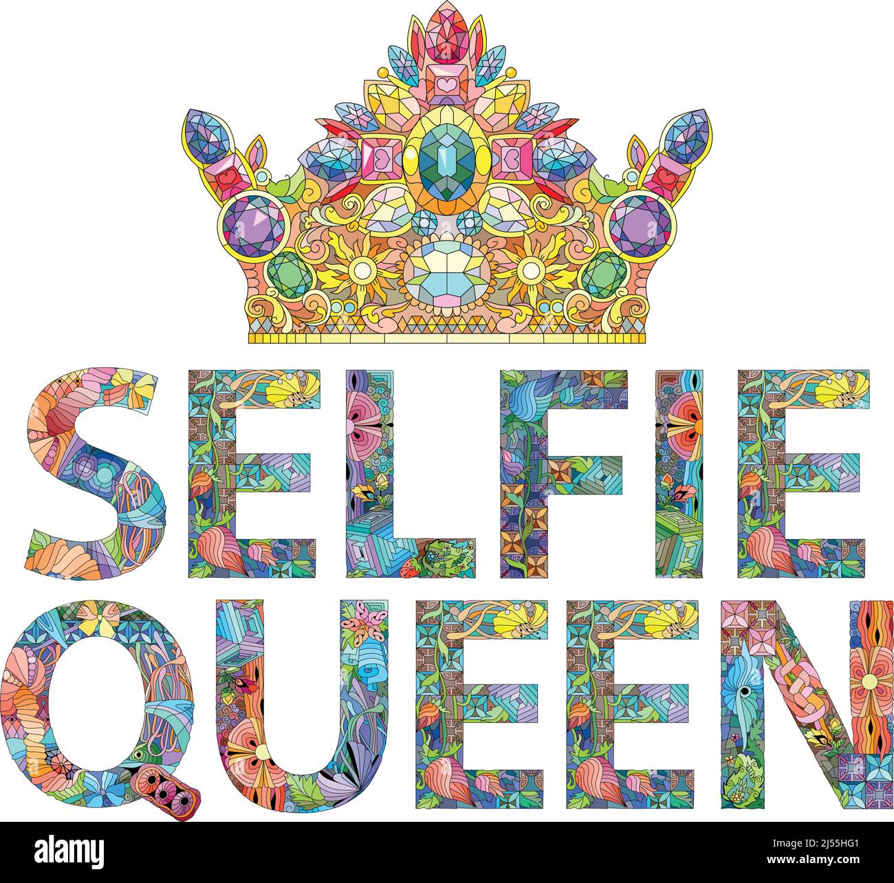 Hand-painted art design. Hand drawn illustration word Selfie Queen with ...