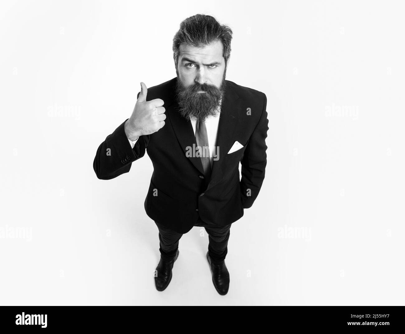 Business man showing thumbs up, copy space. Wide angle, top view Stock ...