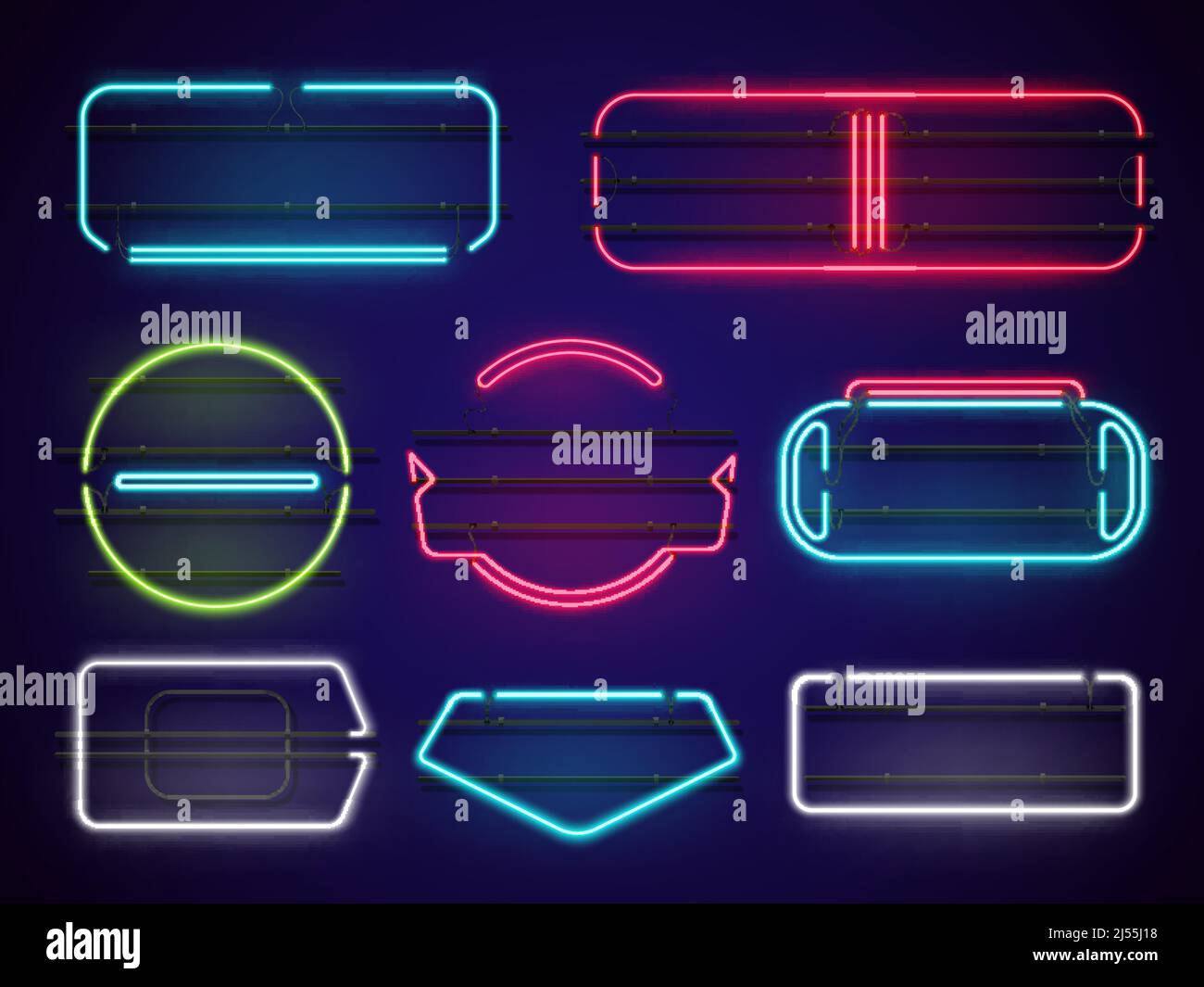 Realistic blank neon frames. Glowing borders on dark background ...