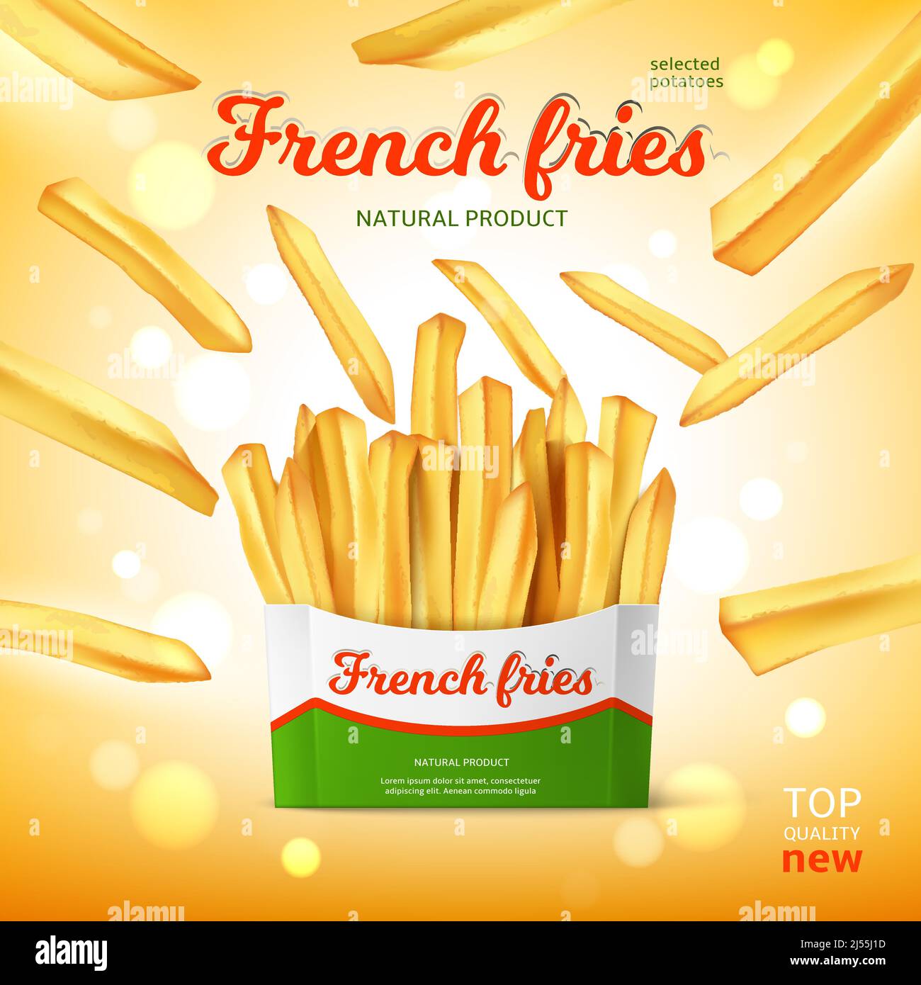 Potato snack product poster. Realistic French fries packaging ...