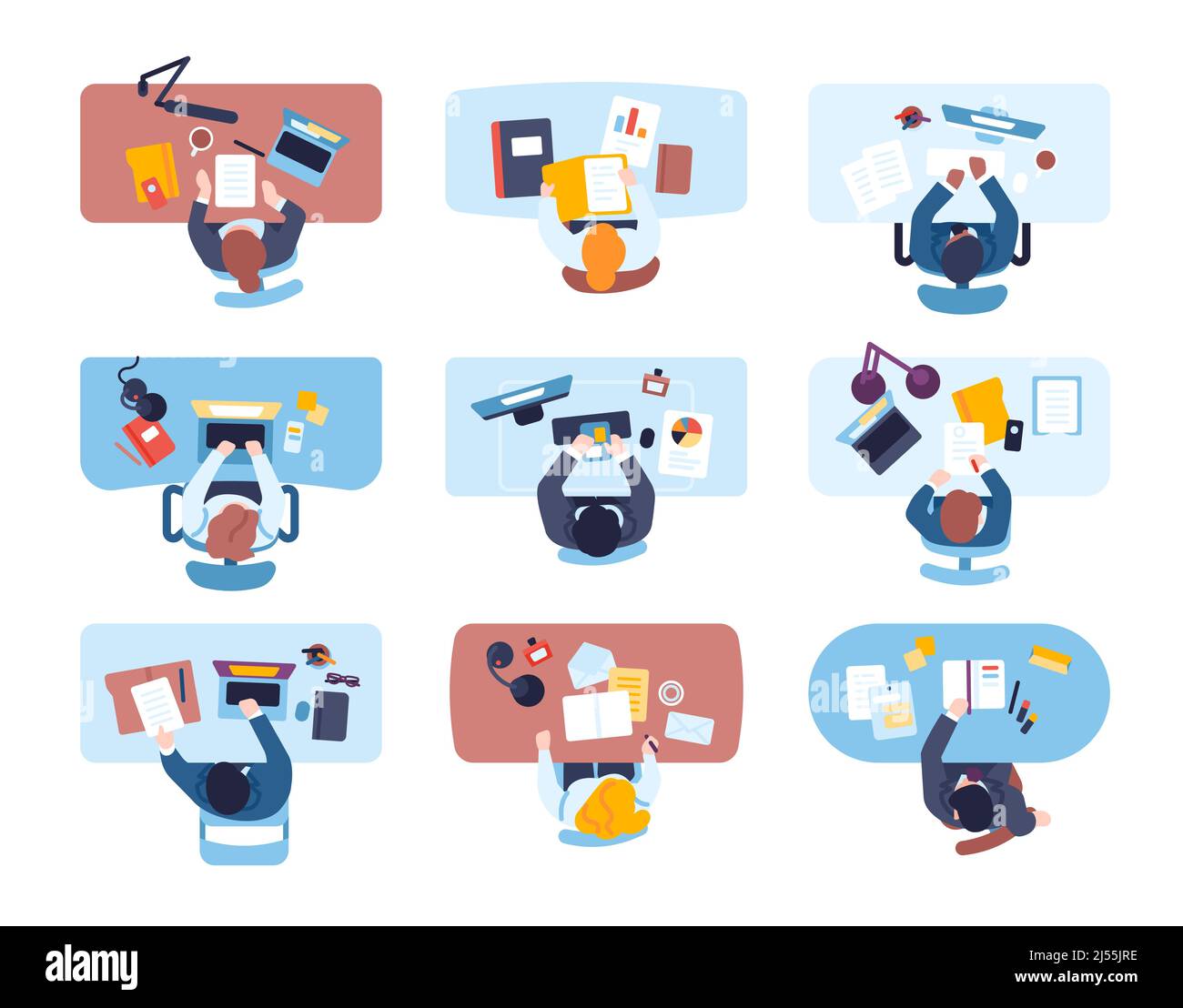 Workplace people top view. Personal workspace. Business men and women ...