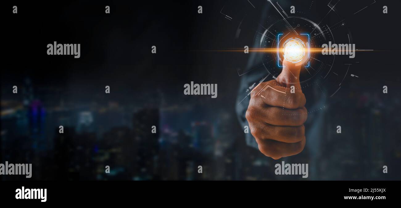 Businessman hand using fingerprint identification to access personal ...