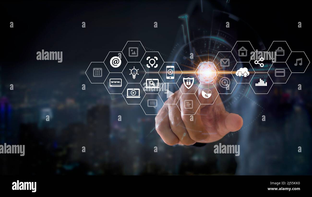 Man hand use finger touch fingerprint connect to cloud Digital ...