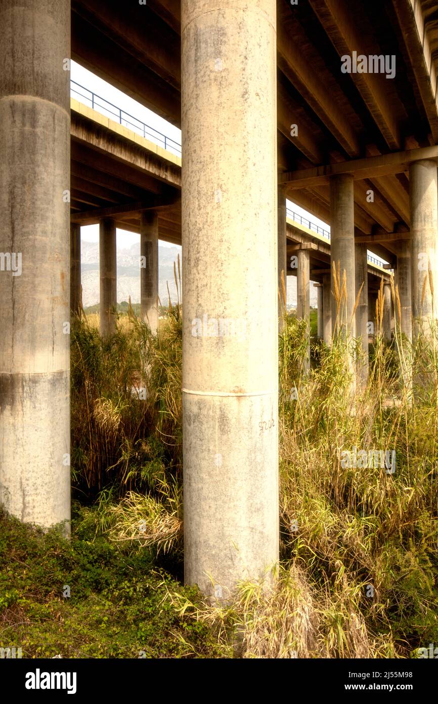Semi-abstract architectural detail of road bridge columns surrounded by ...
