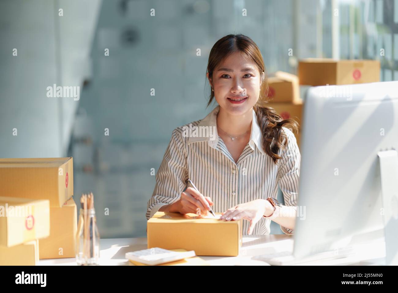 Asian small business owner working at home office. Business retail ...