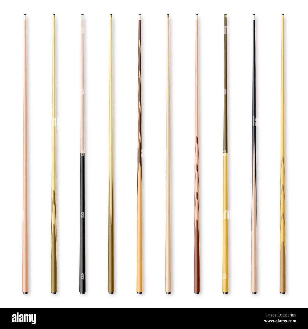 Various wooden billiard cues isolated on white background. Snooker sports equipment. Vintage ...