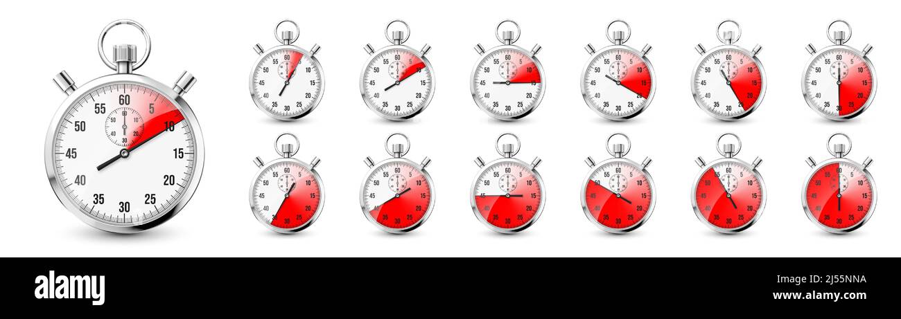 Realistic classic stopwatch icons. Shiny metal chronometer, time ...