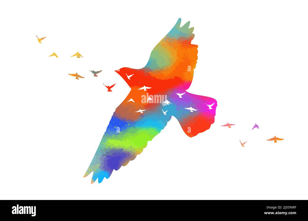 Multi-colored birds. A flock of flying rainbow birds. Vector ...