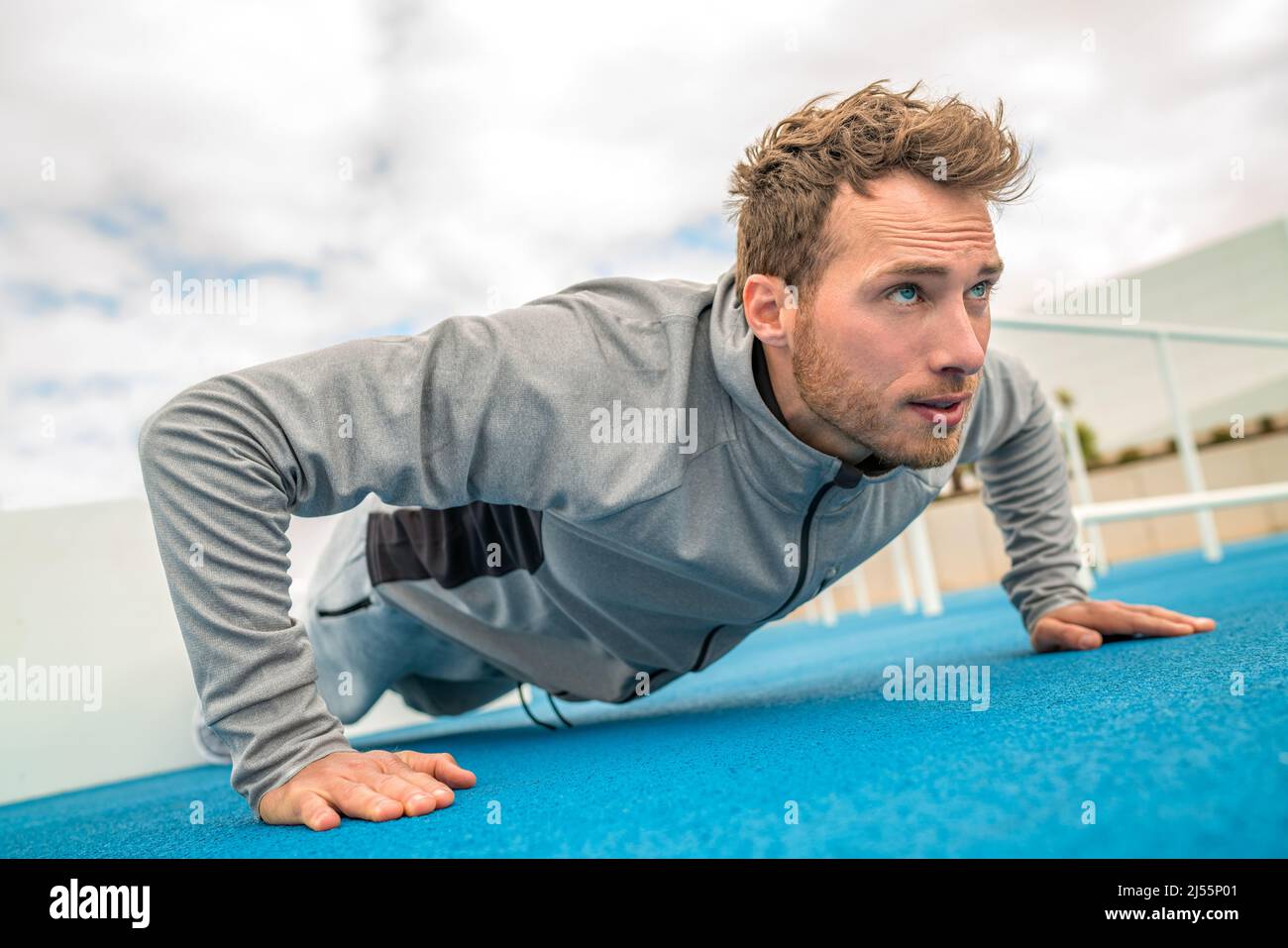 Fitness gym push up exercise man doing shoulder press workout for ...