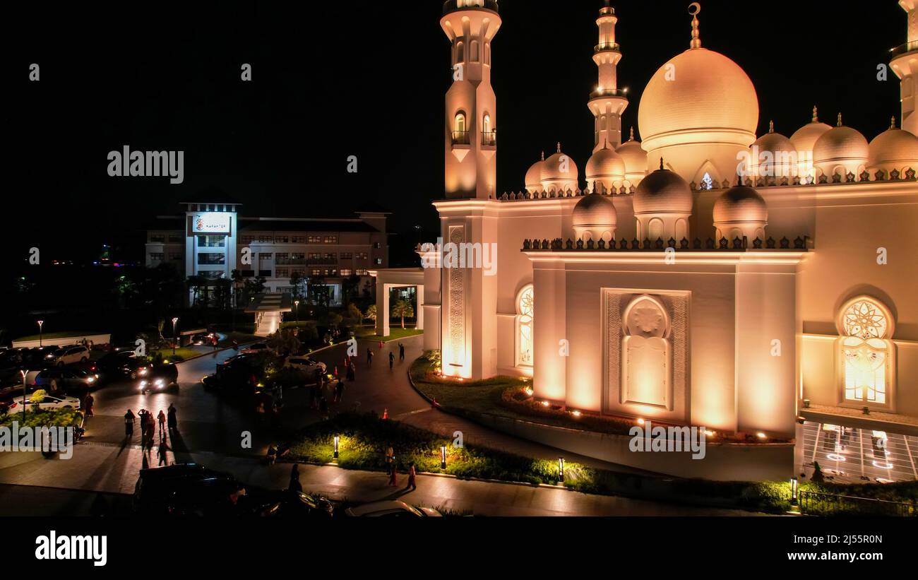 Aerial view of At-Thohir Mosque panorama at nihgt view Largest Mosque ...