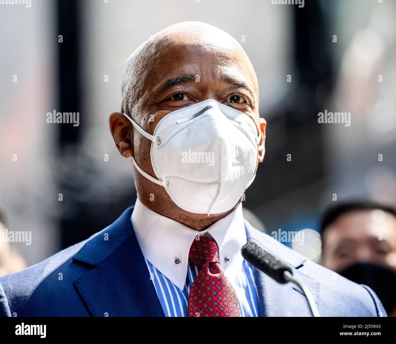 New York City Mayor Eric Adams (D) speaking at a press conference about ...