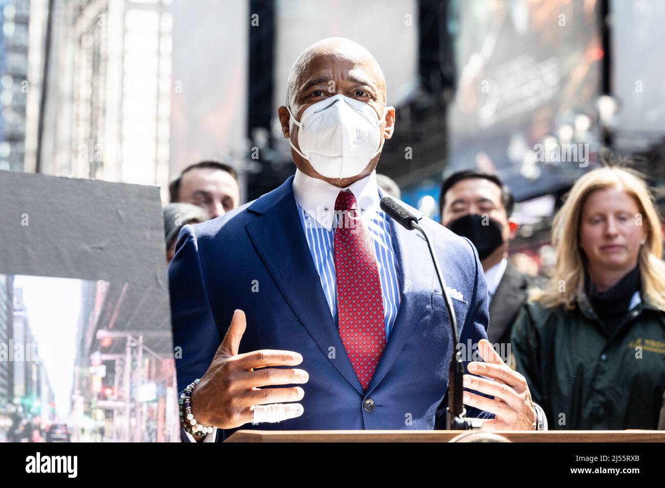 New York City Mayor Eric Adams (D) speaking at a press conference about ...
