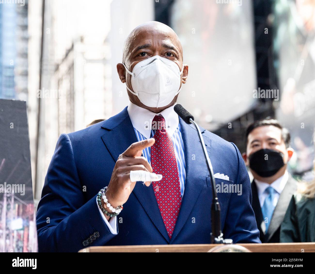 New York City Mayor Eric Adams (D) speaking at a press conference about ...