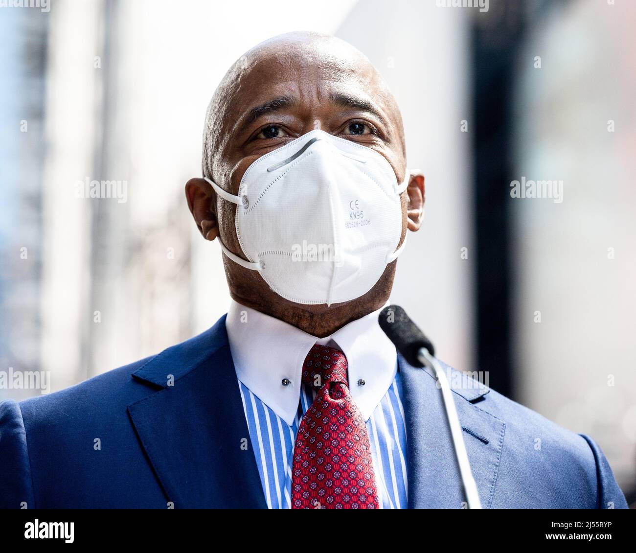 New York City Mayor Eric Adams (D) speaking at a press conference about ...