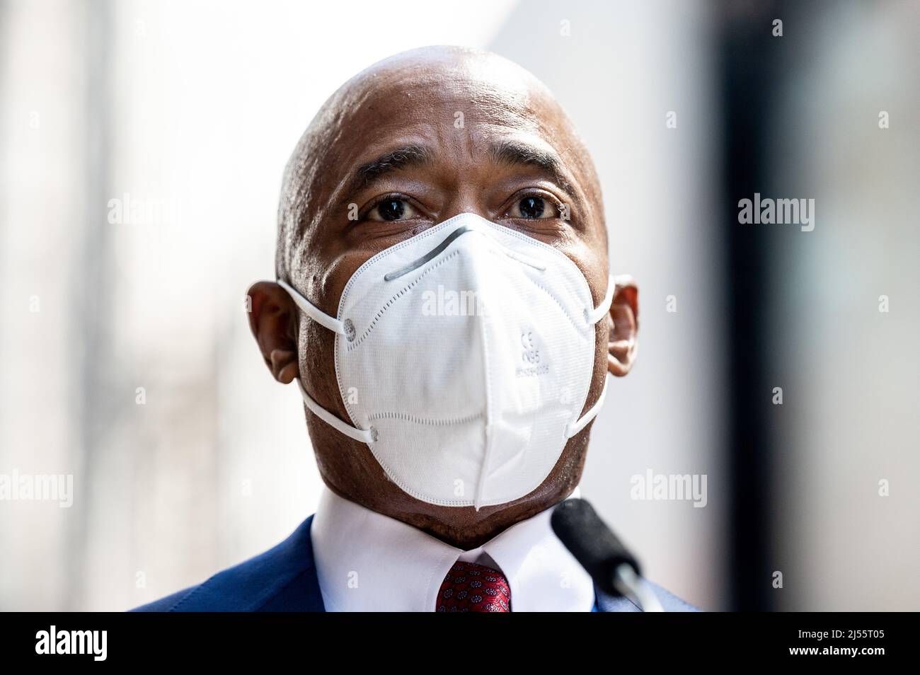 New York City Mayor Eric Adams (D) speaking at a press conference about ...