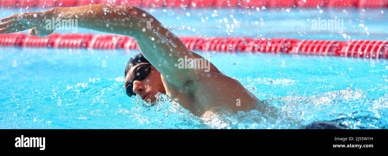Swimmer man athlete swimming in pool lanes doing a lap. Swim race in ...