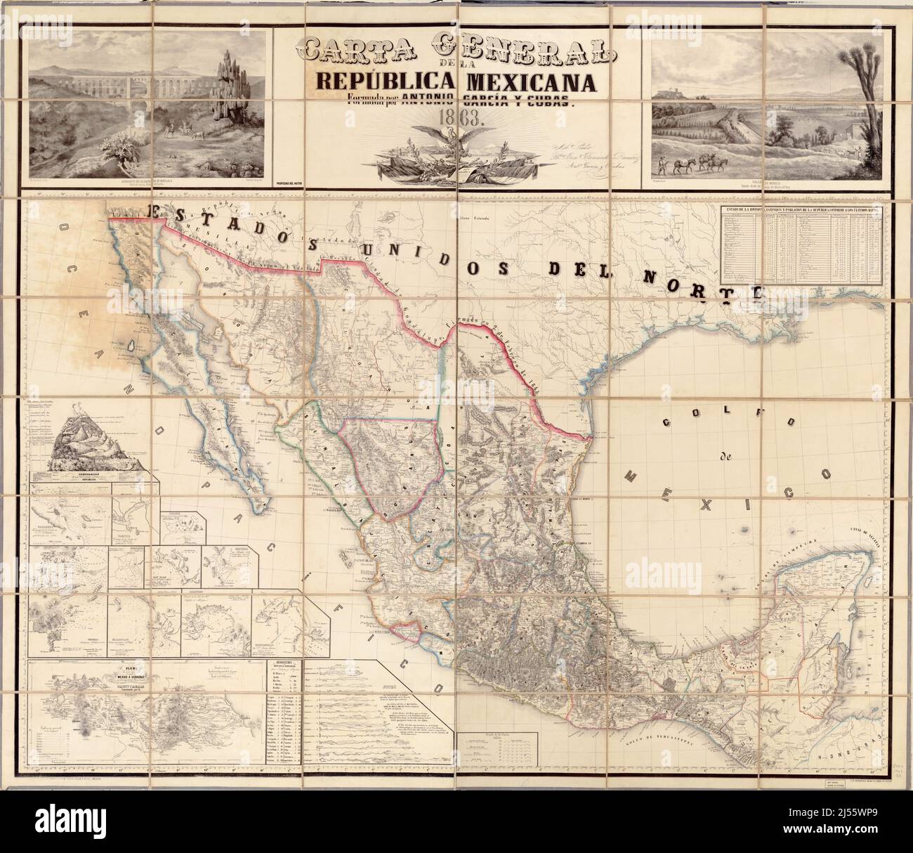 Vintage 1863 hand-colored map of the Republic of Mexico Stock Photo - Alamy