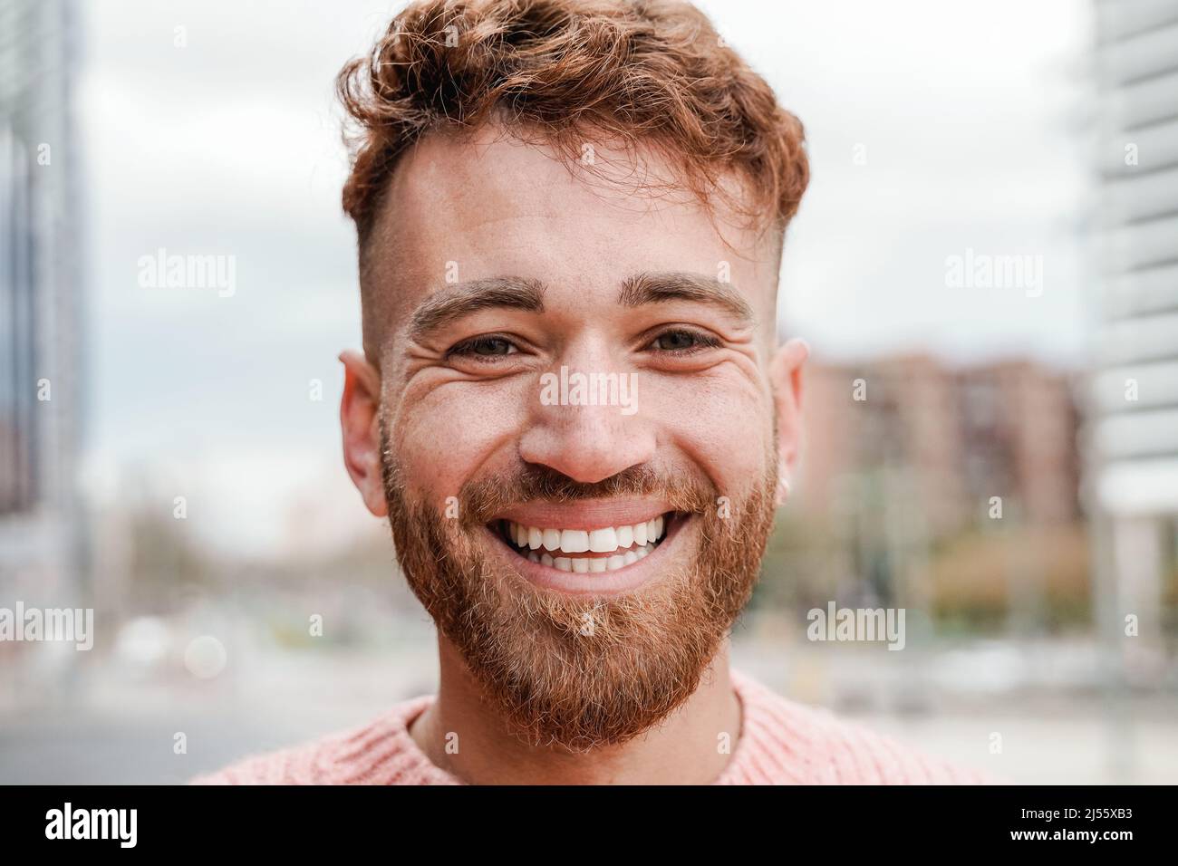 Happy ginger hair man smiling on camera outdoor - Redhead authentic ...