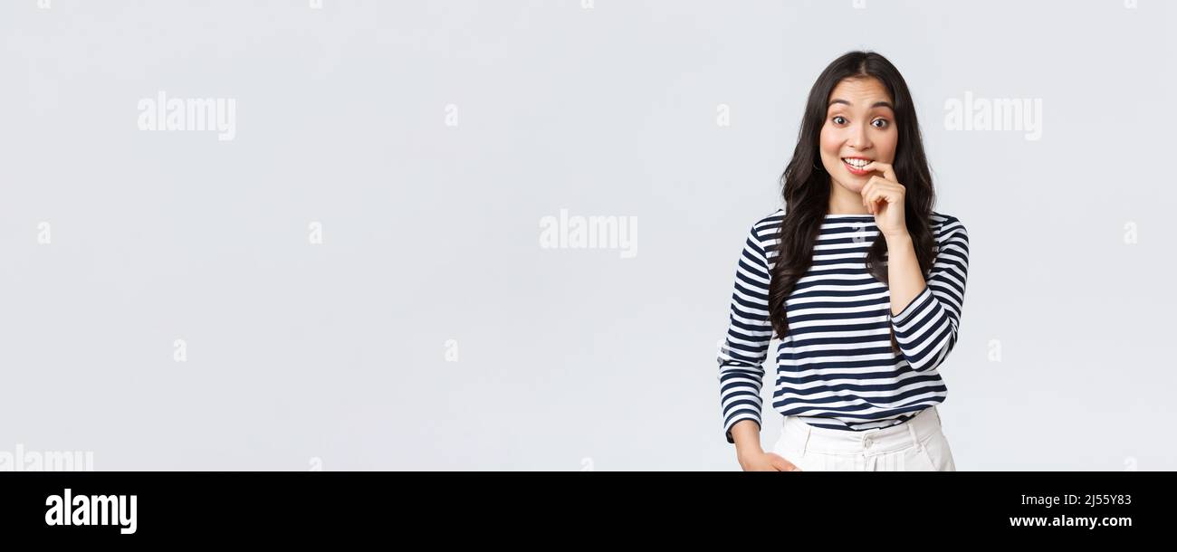 Lifestyle, people emotions and casual concept. Shy cute young asian ...