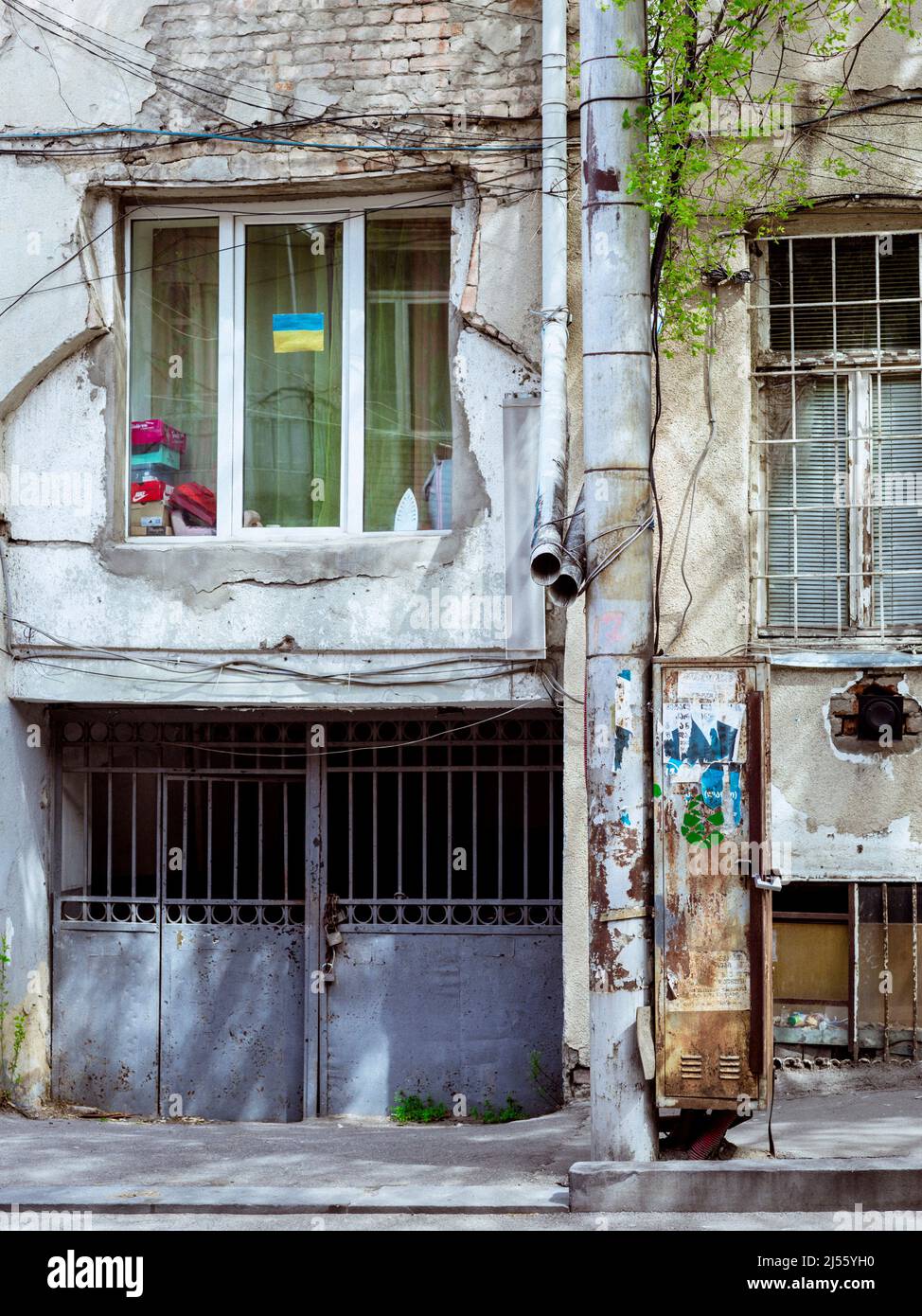 Window with Ukrainian flag, Tbilisi April 2022. The war in Ukraine has ...