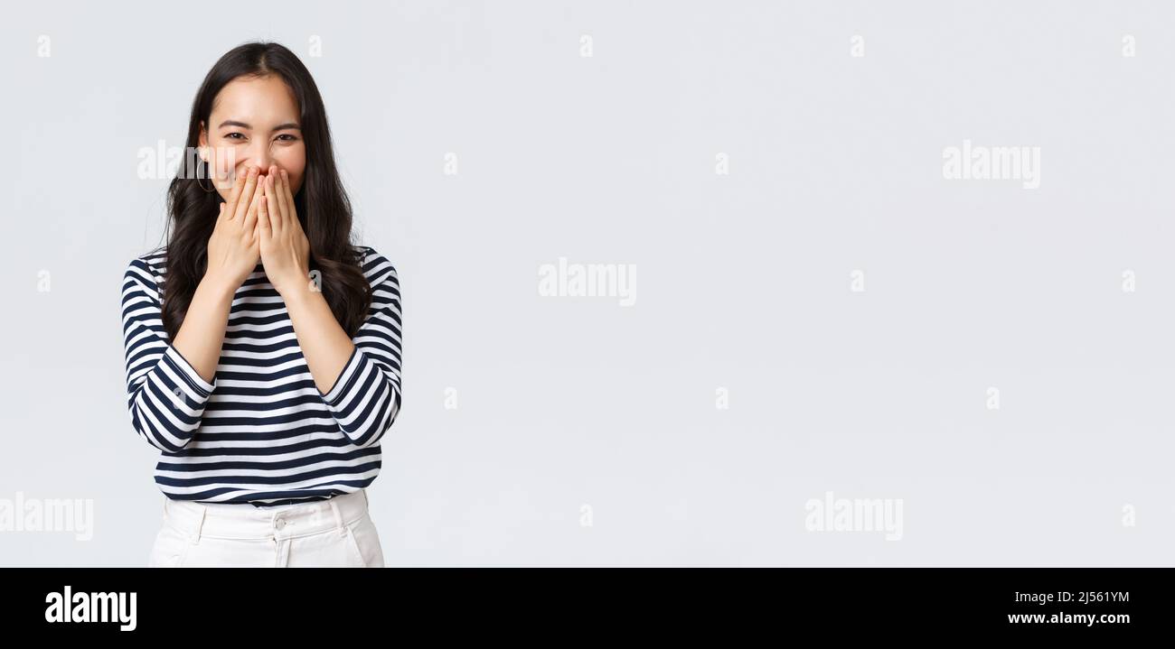 Lifestyle, people emotions and casual concept. Cute silly asian female ...