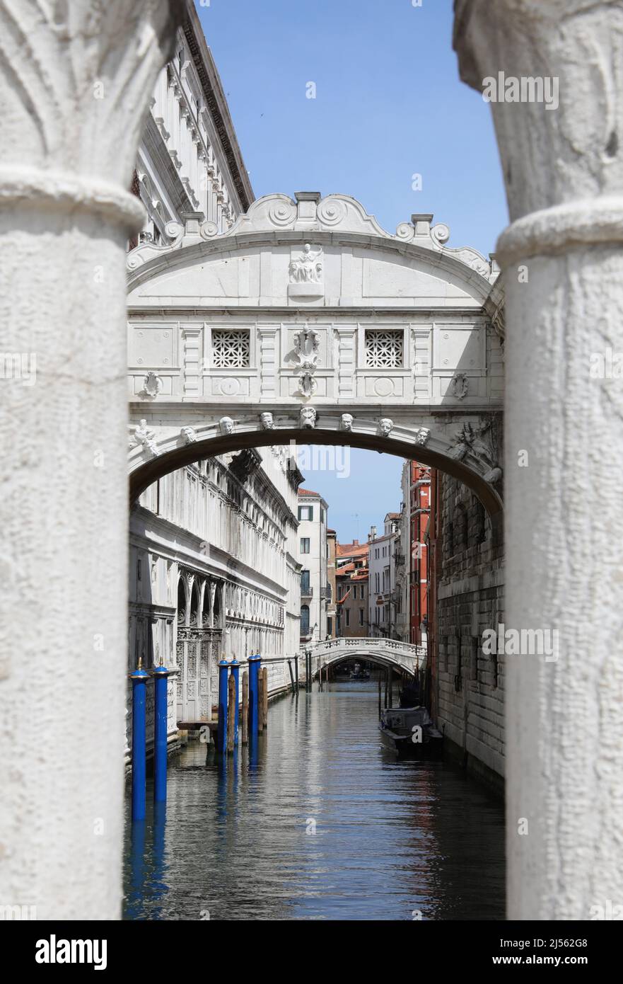bridge of sighs in Venice ITALY between two balustrade columns and the ...