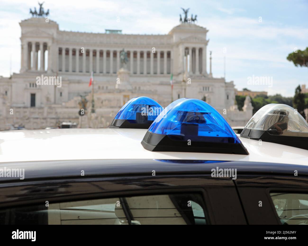 blue sirens of an italian police car in the Venice Square in Downtown ...