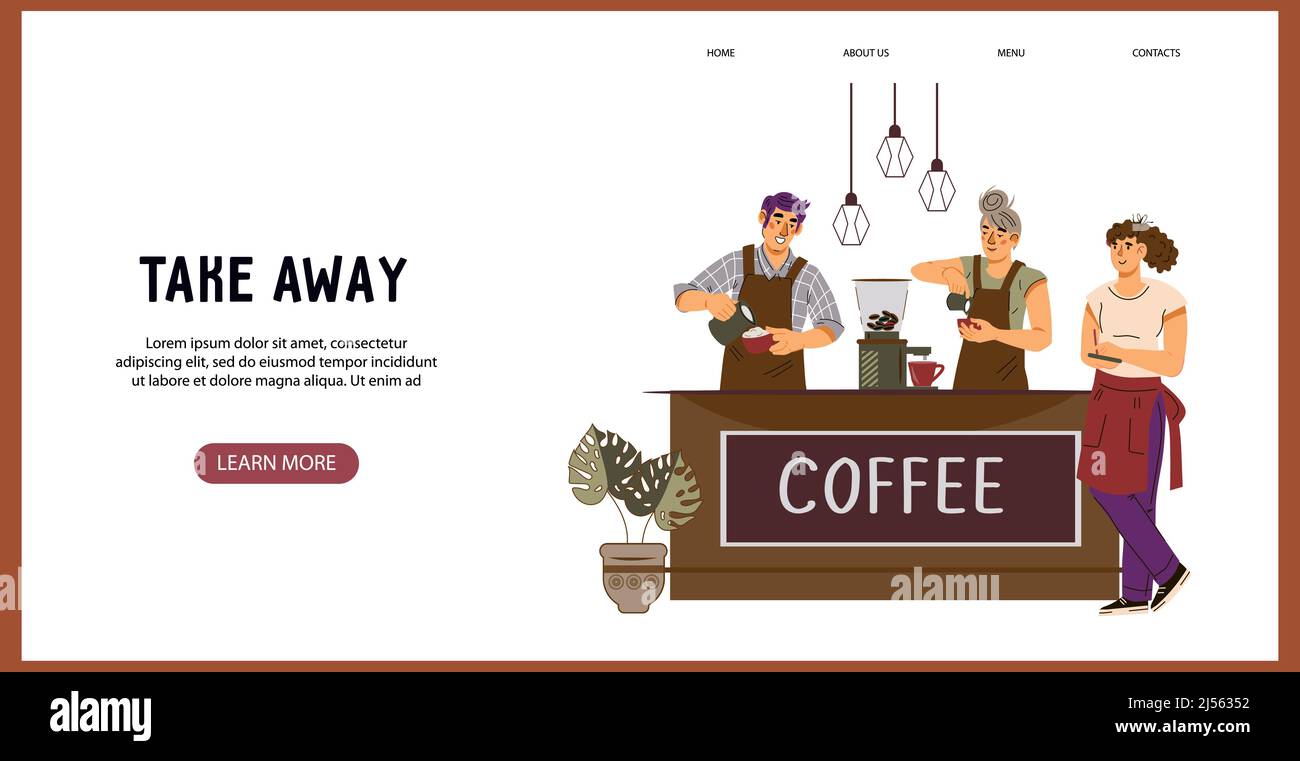 Take away cafe website template with baristas prepare coffee, flat ...