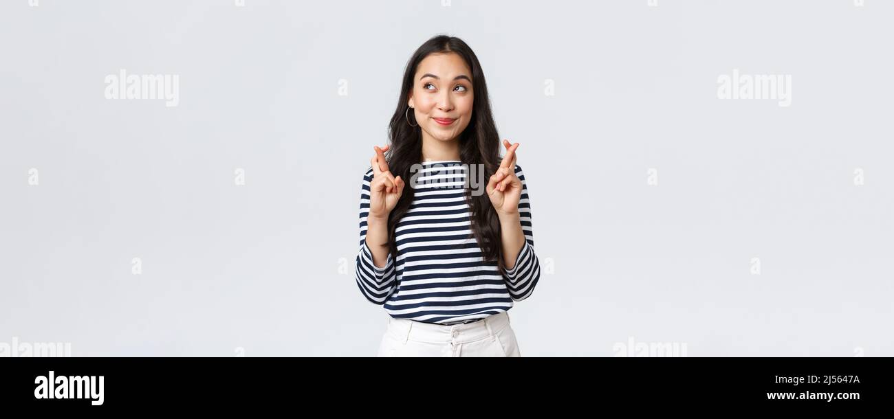 Lifestyle, people emotions and casual concept. Hopeful cute wishful ...