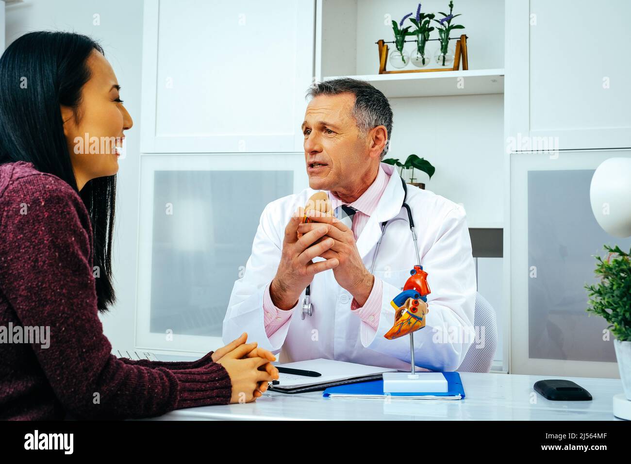 doctor practitioner and patient discussing heart anatomy in the ...