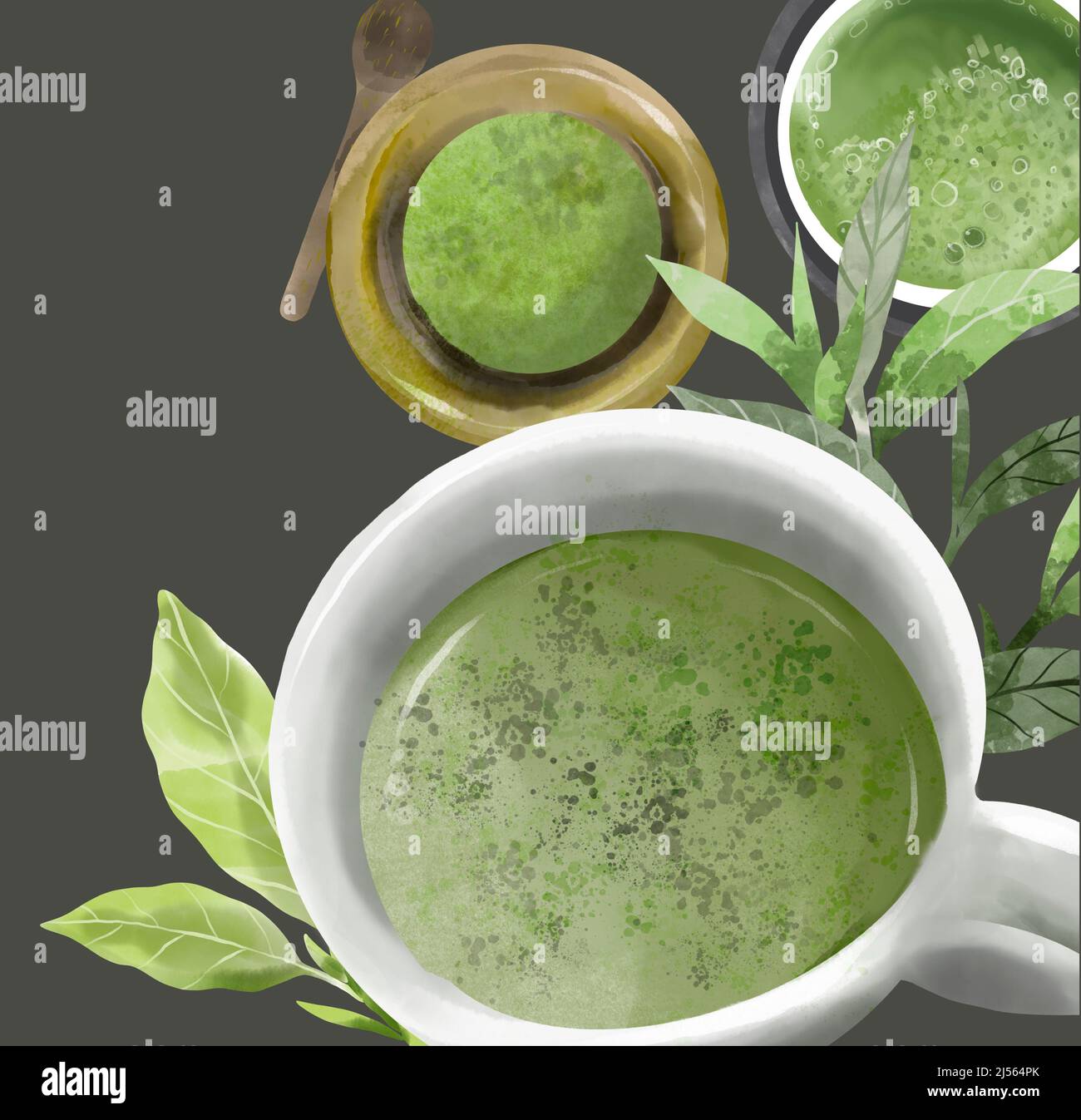 Matcha green tea hand drawn collection with hot drink illustration ...