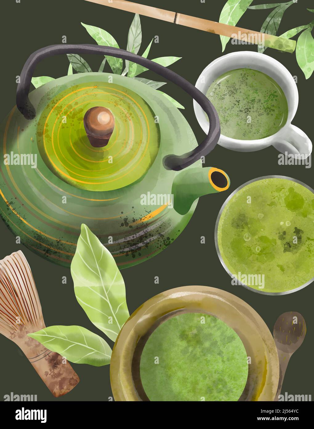 Matcha green tea hand drawn collection with hot drink illustration ...