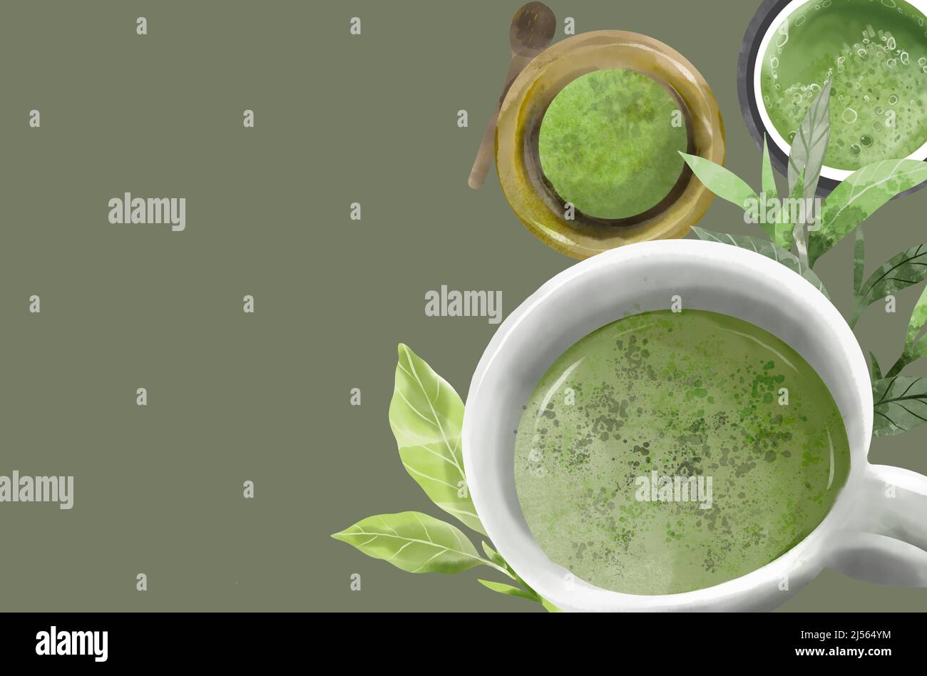 Matcha green tea hand drawn collection with hot drink illustration ...