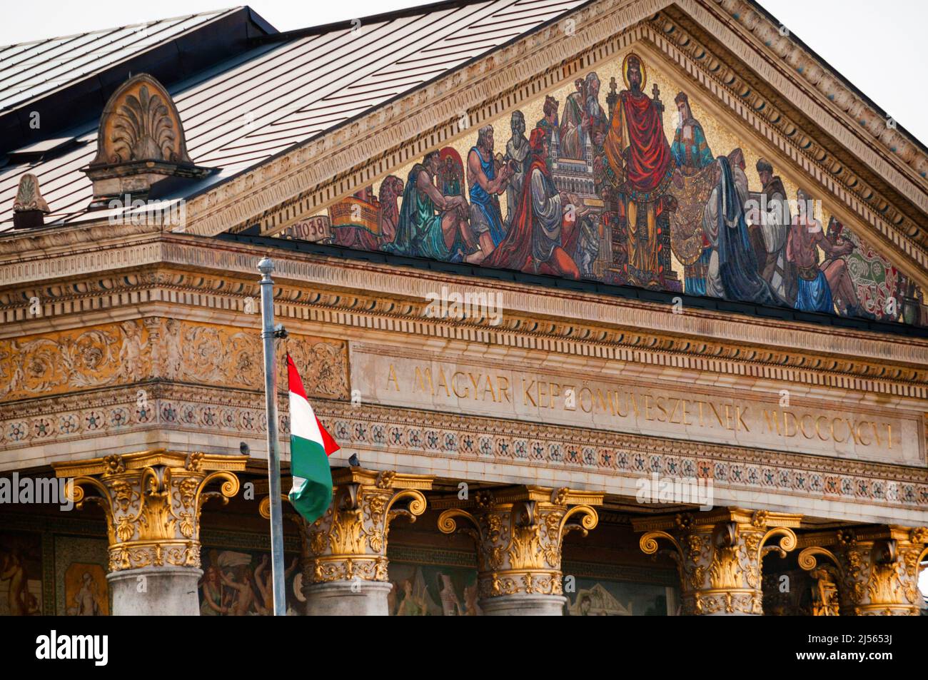A fresco in the triangular pediment of Hall of Art in Budapest, a ...