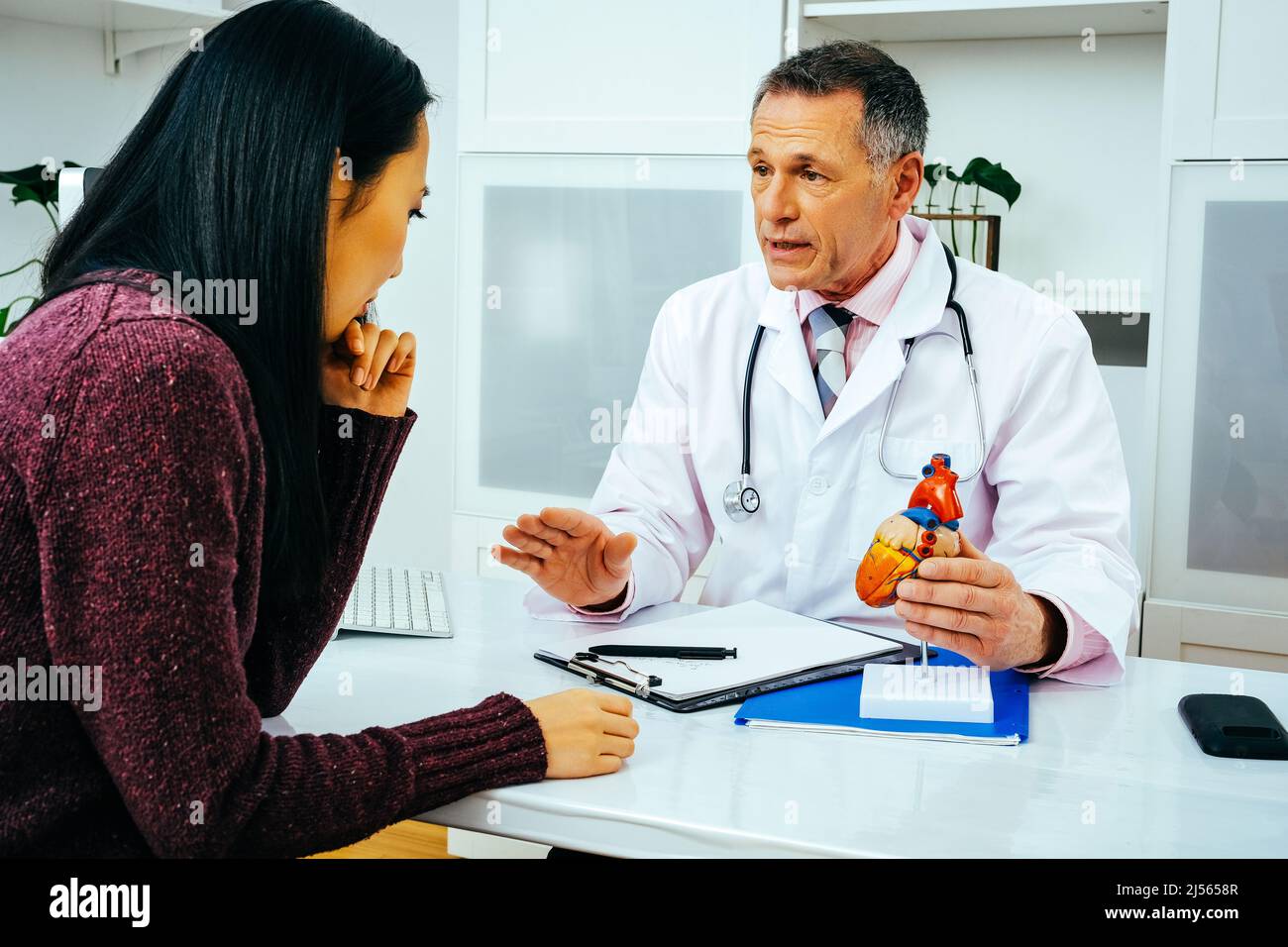 doctor physician practitioner and patient discussing heart anatomy in ...