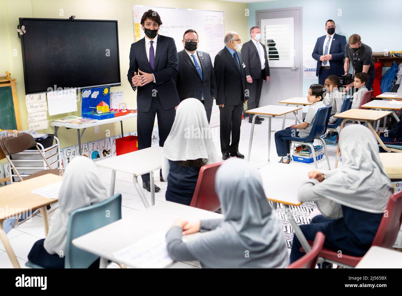 Prime Minister Justin Trudeau speaks to a grade three class during a ...