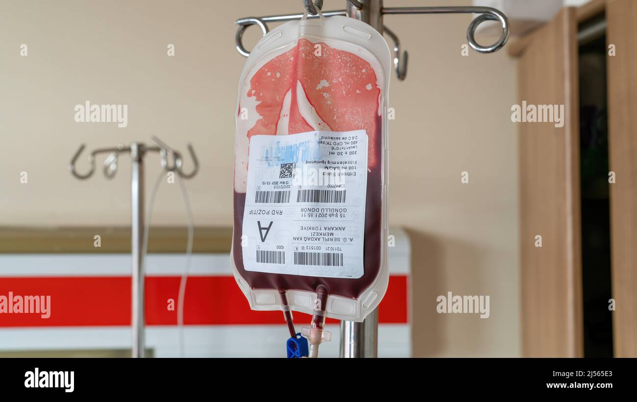 Ankara, Turkey - March 2021: Blood transfusion serum in hospital room ...