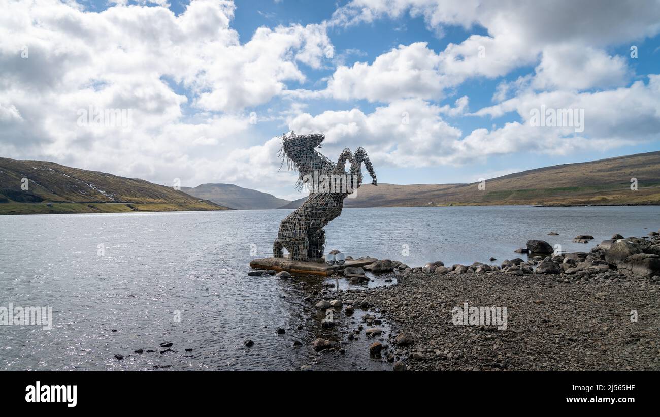 Torshavn, Faroe Islands - May 2019: Faroe pony Nix Nykur Statue near ...