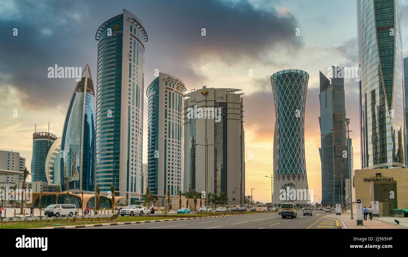 Doha, Qatar - February 2019: Skyscrapers in Financial District skyline ...