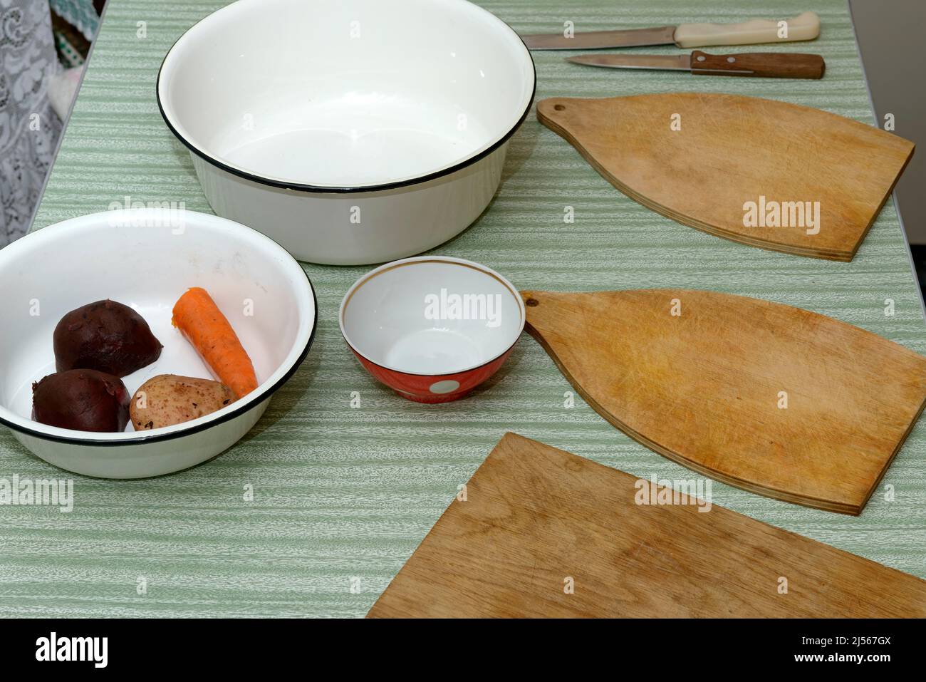 Top of cook table with some kitchenware arranging for cooking Stock ...