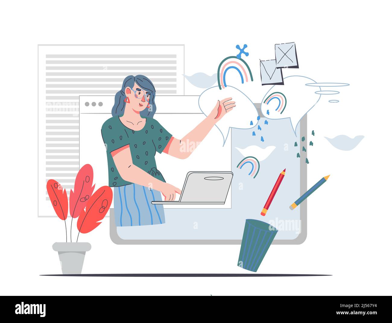 Woman works online and manages the workflow. Home office, vector ...