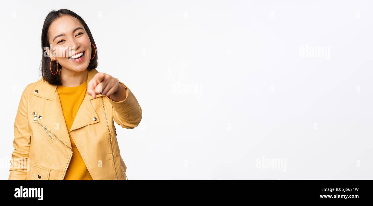 Congratulations, its you. Happy beautiful asian woman laughing ...
