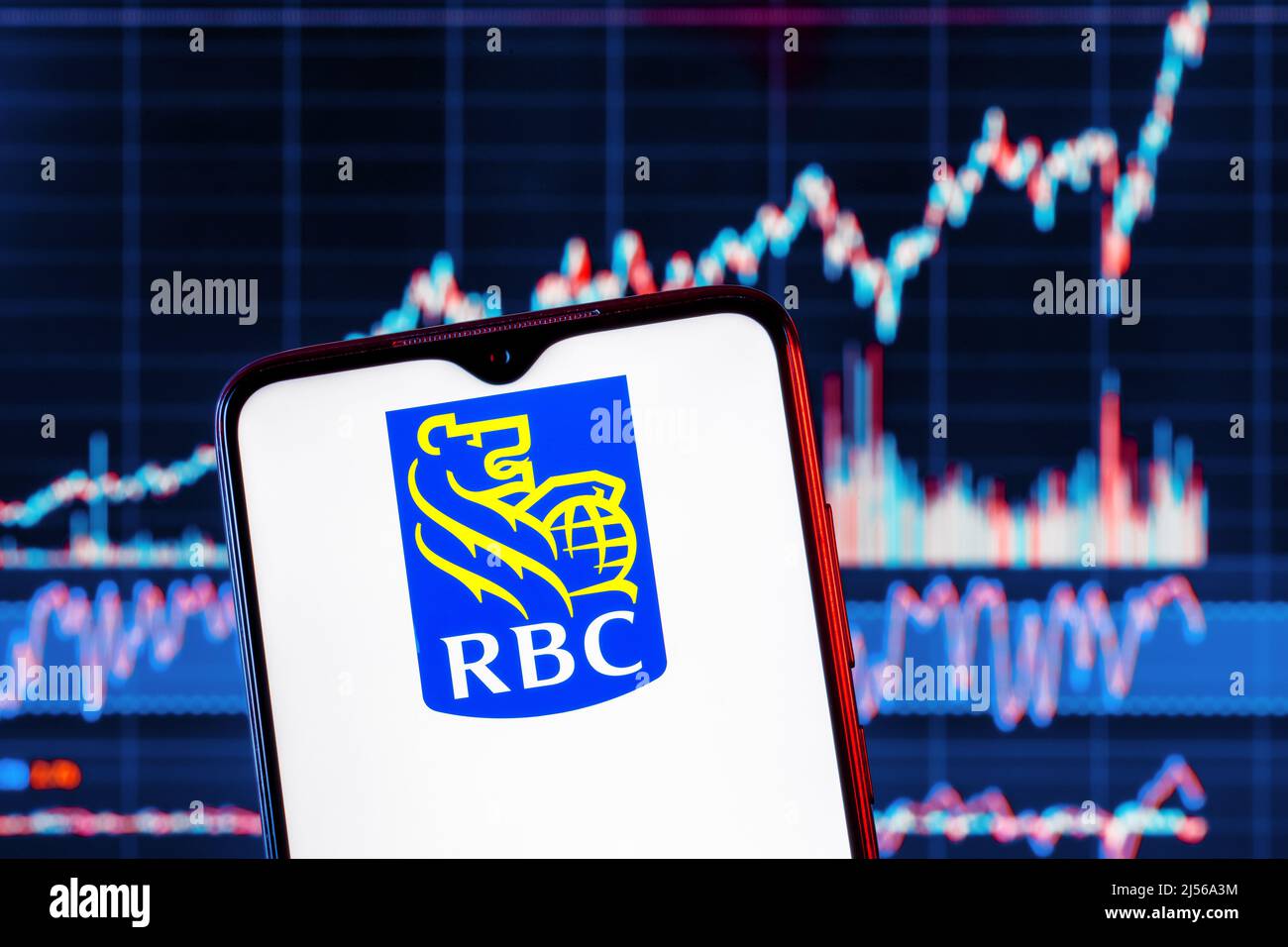 Smartphone with Royal Bank of Canada logo. RBC stock chart on the ...