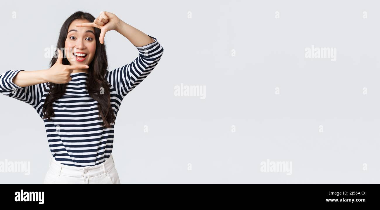 Lifestyle, people emotions and casual concept. Creative cute asian girl ...