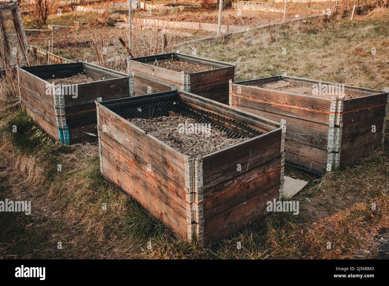 raised beds in garden before season. Permaculture concept Stock Photo ...
