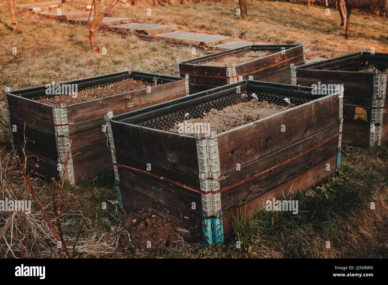raised beds in garden before season. Permaculture concept Stock Photo ...