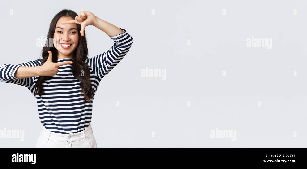 Lifestyle, people emotions and casual concept. Creative cute asian girl ...