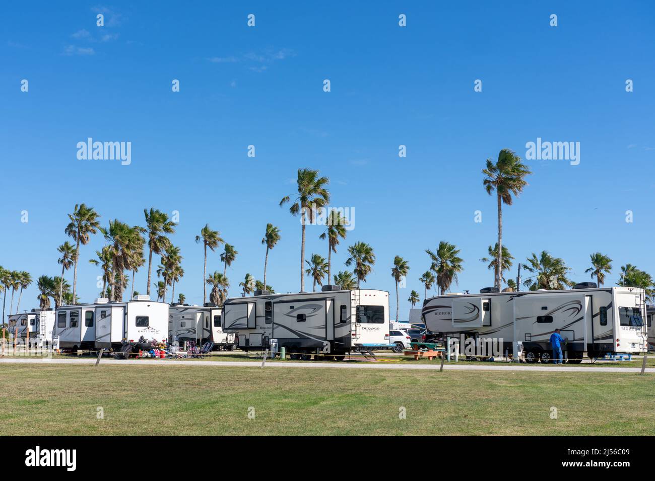 Recreational vehicles or RVs in the Isla Blanca Park RV park in winter ...