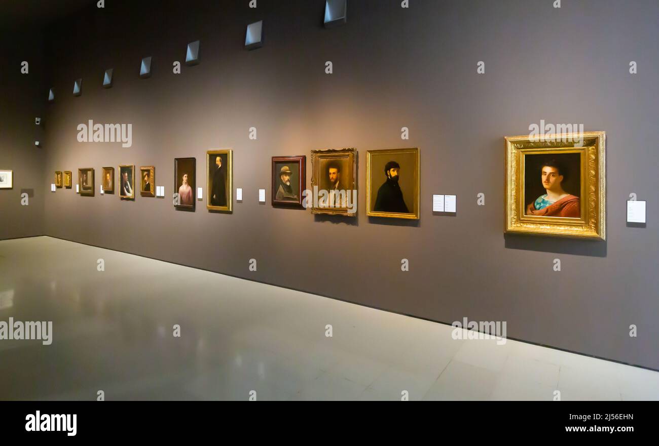 Empty hall of National Art Museum of Catalonia with collection of ...