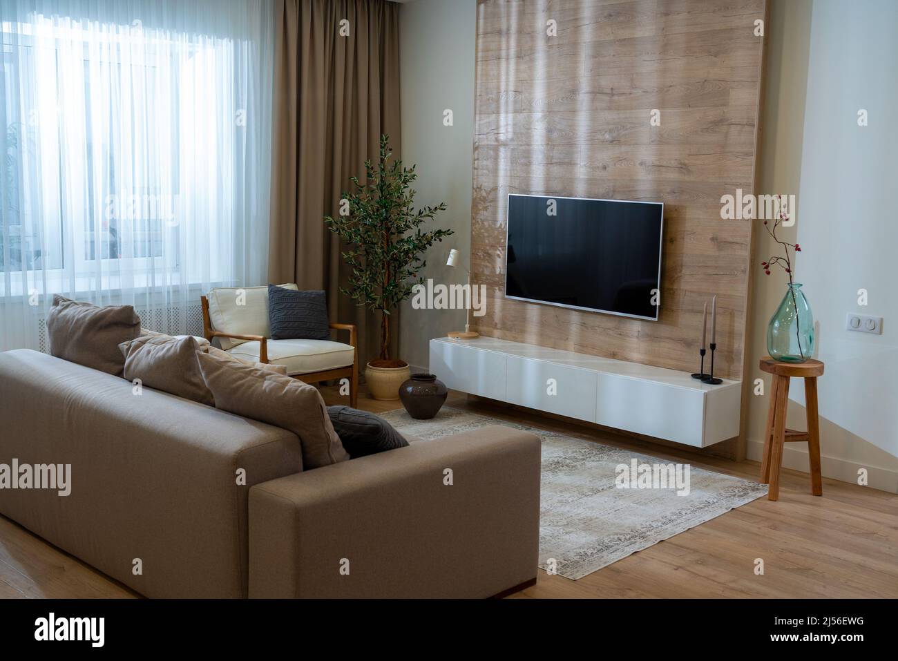 modern minimalist living room interior with open tv area Stock Photo ...
